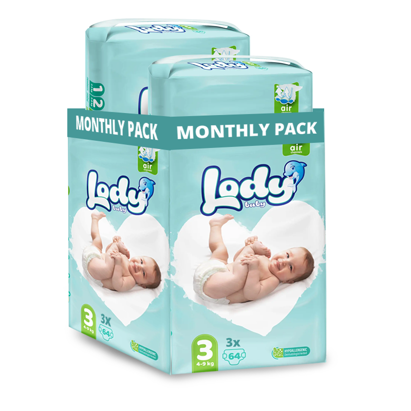 LODY BABY MONTHLY PACK Пелени 3, 4-9 кг. (192 пелени) | Најголема ...