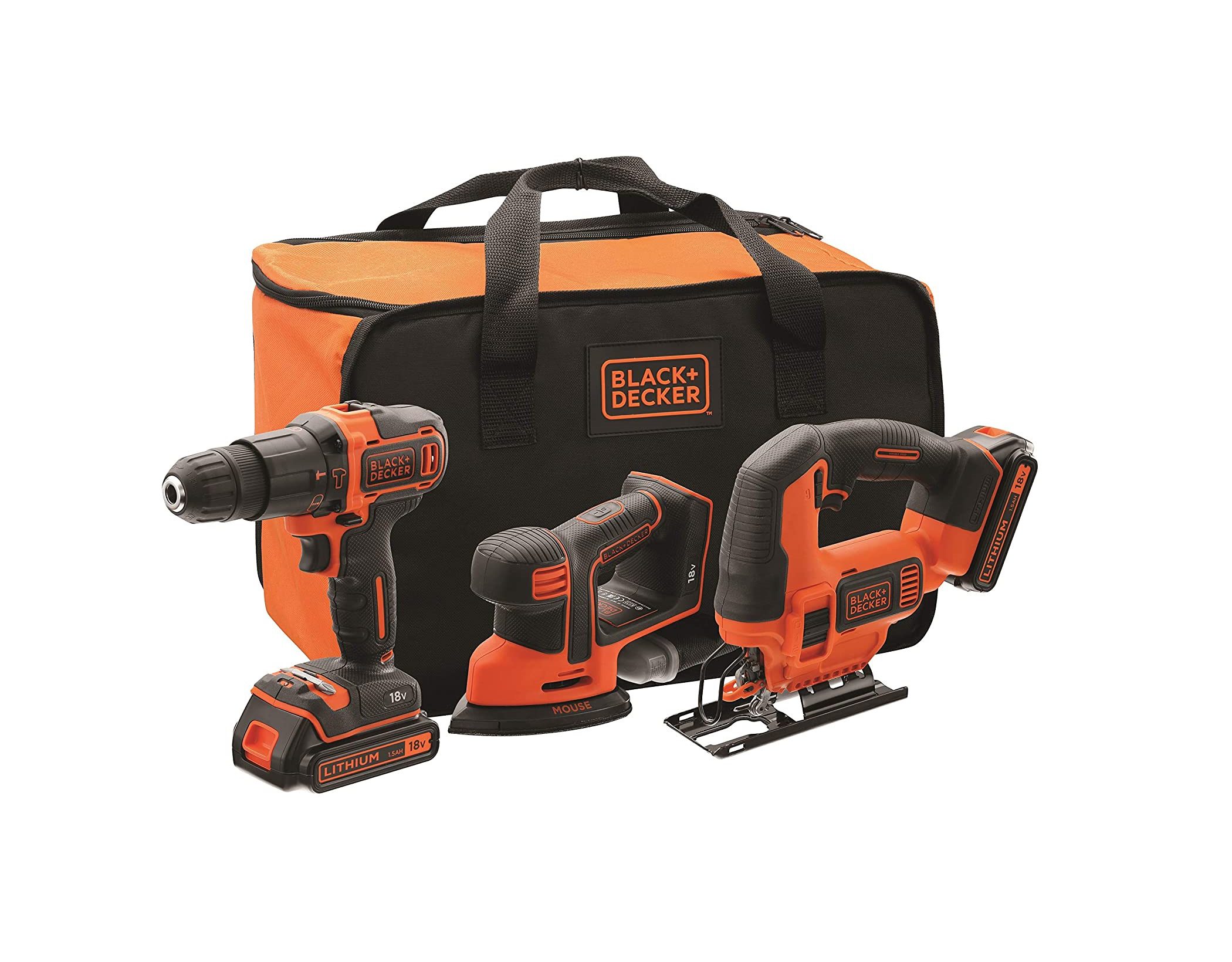 BLACK DECKER 18V Сет дупчалка, вибрациона брусилка и убодна пила 2x1 ...