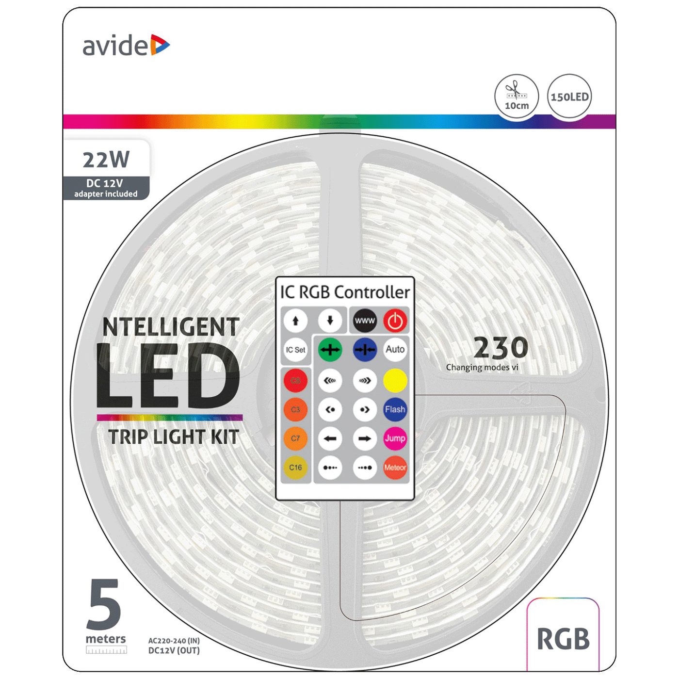 Avide LED traka sa daljinskim upravljačem,RGB,22W,12V,5 met.,IP65 ...