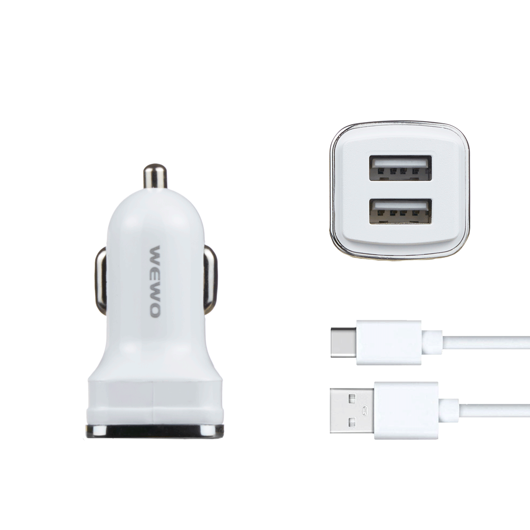 WEWO Punjač W-006 AUTO 2XUSB 2.4A + Type-C USB kabl beli | Online ...