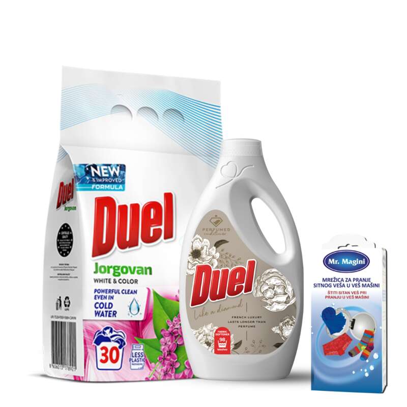 DUEL set praškasti deterdžent Jorgovan 2.7kg, DUEL omekšivač Like a diamond 2.45l i mrežica za ...