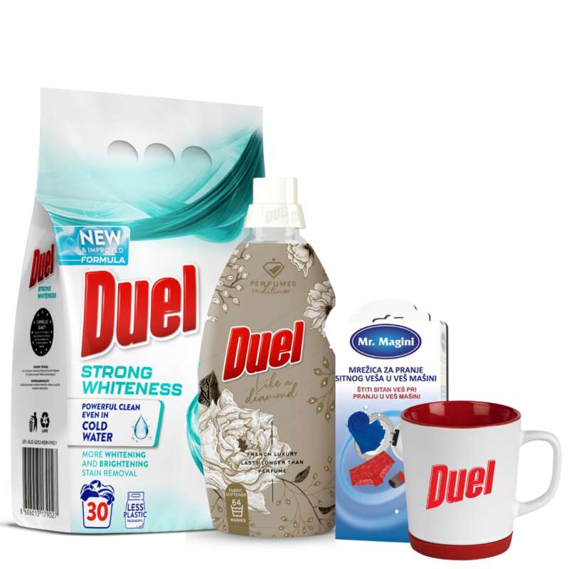 DUEL set praškasti deterdžent Strong Whiteness 2,7kg, DUEL Like a diamond omekšivač 1,6l, DUEL ...