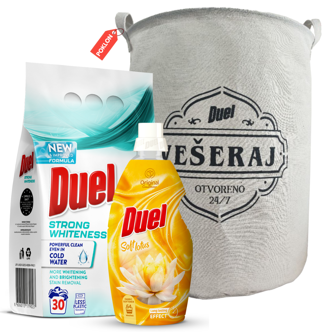 Duel Strong Whiteness Praškasti deterdžent 2.7kg + Omekšivač Soft Lotus 1.6l, Poklon korpa ...